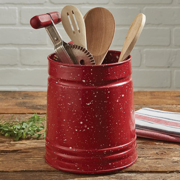 Enamelware Red Utensil Crock - Retro Barn Country Linens