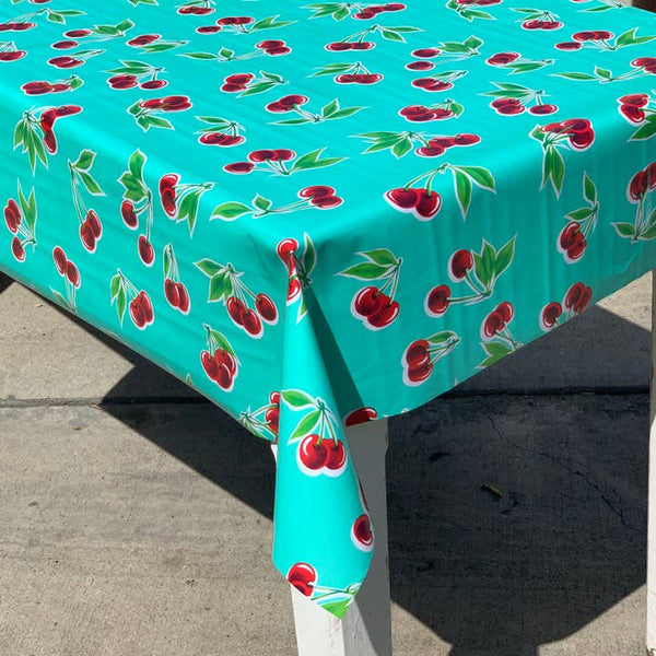 Aqua Cherry Oilcloth Tablecloth - Retro Barn Country Linens