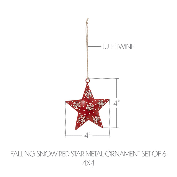 Falling Snow Red Star Metal Ornament Set of 6 - Retro Barn Country Linens