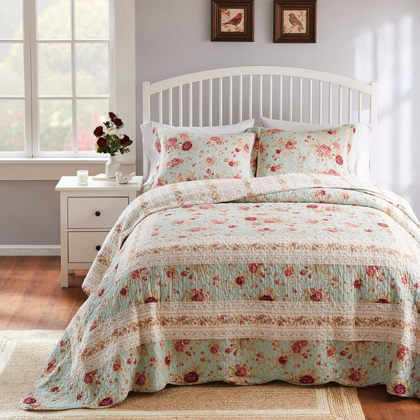 Antique Rose Blue Quilted Bedspread Set - Retro Barn Country Linens