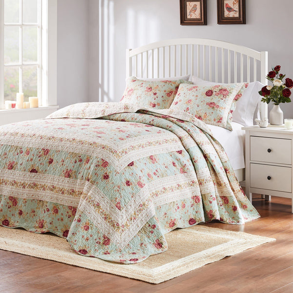 Antique Rose Blue Quilted Bedspread Set - Retro Barn Country Linens