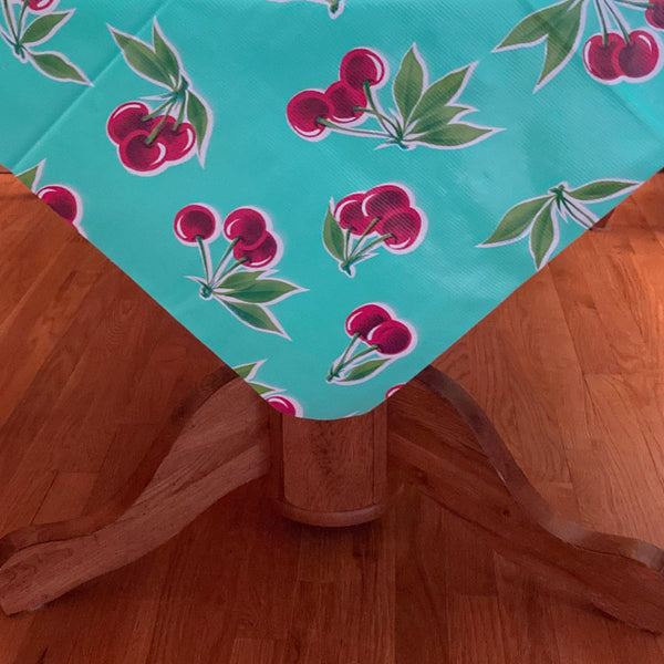 Aqua Cherry Oilcloth Tablecloth - Retro Barn Country Linens
