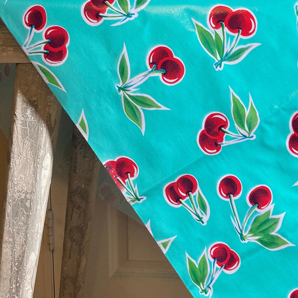 Aqua Cherry Oilcloth Tablecloth - Retro Barn Country Linens