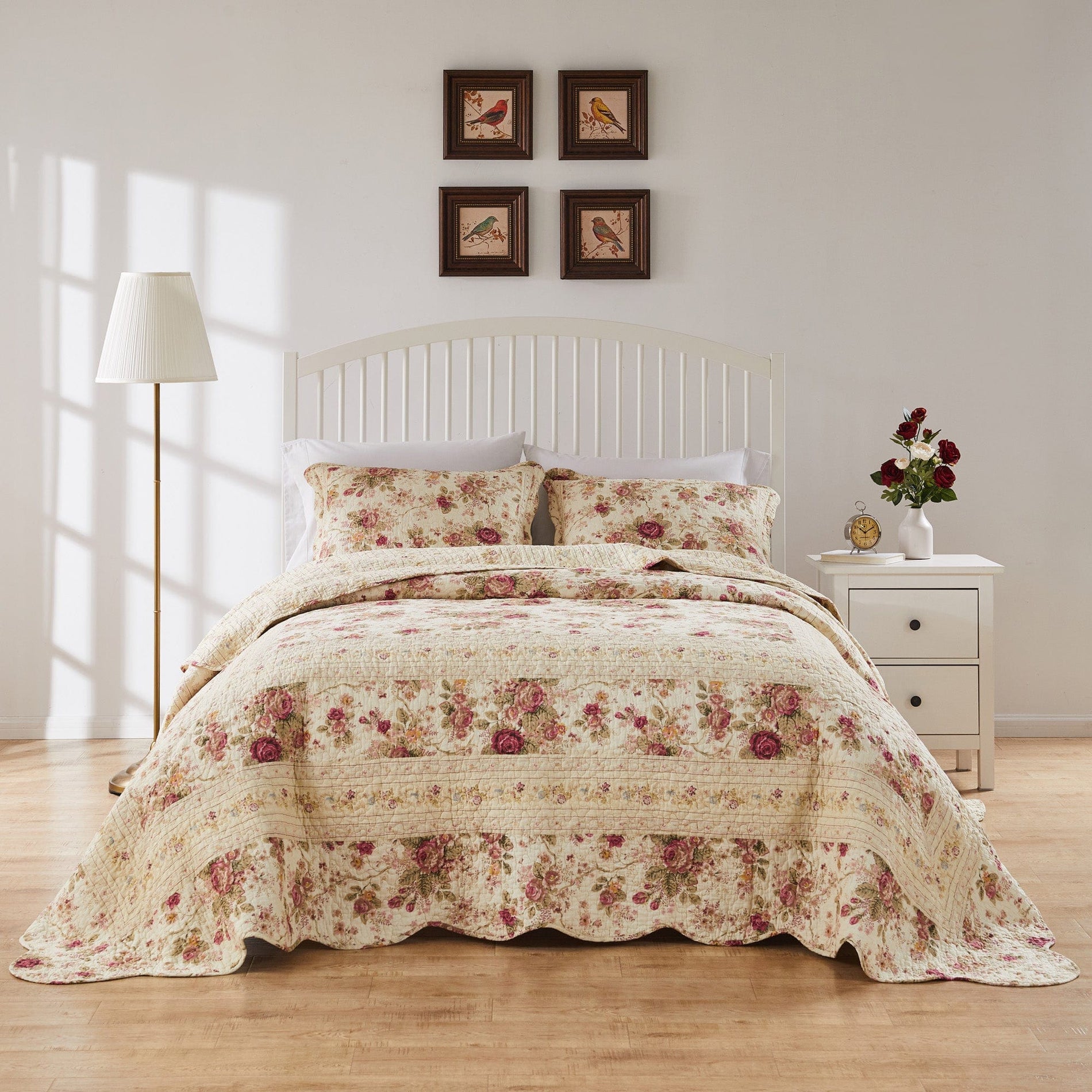 Antique Rose Ecru Quilted Bedspread Set - Retro Barn Country Linens